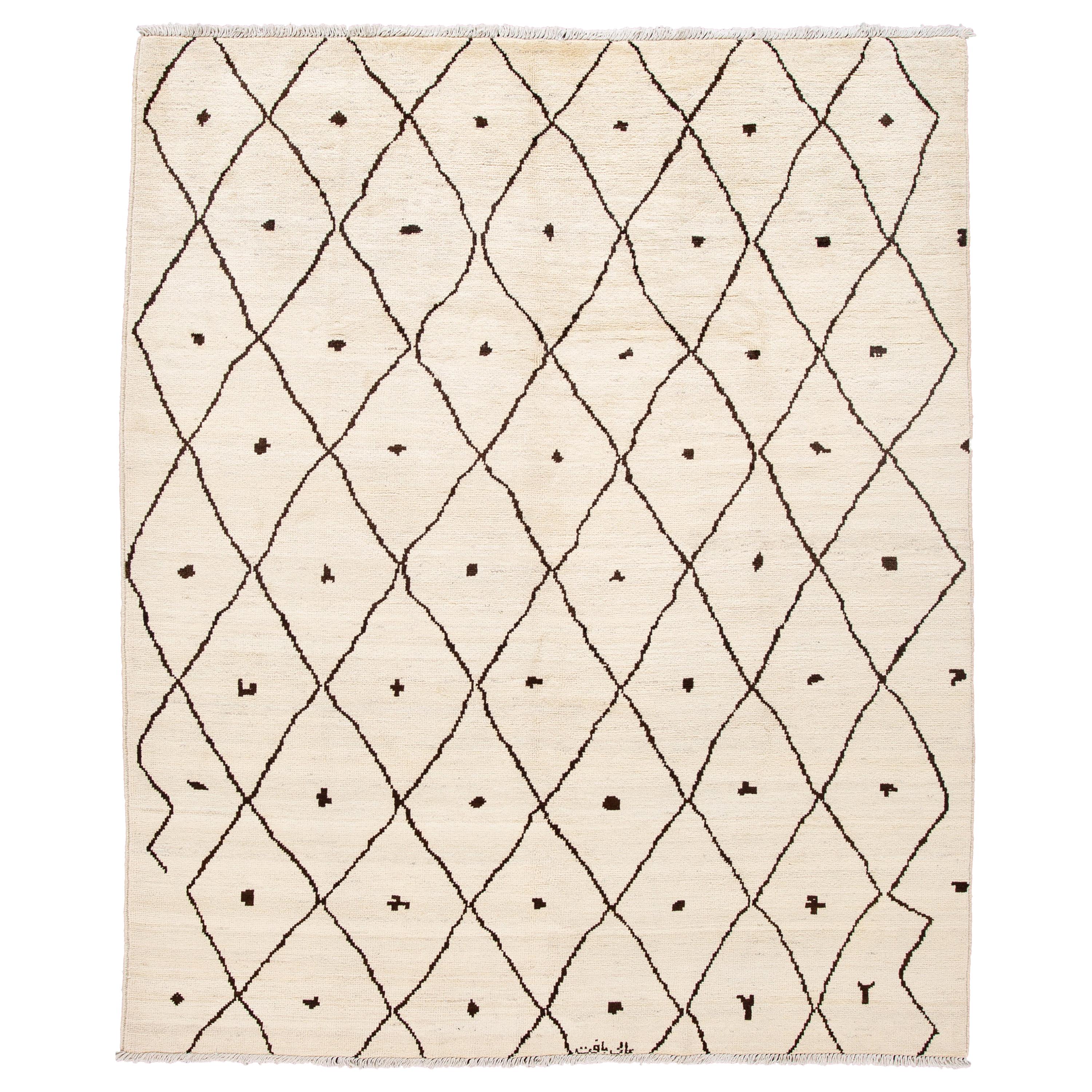 21st- Century Modern Geometric Moroccan-Style Ivory Wool Rug For Sale ...