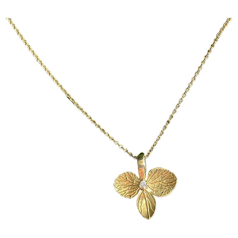 0.02 Carat Diamond, 18K Gold Medium Hydrangea Pendant Necklace For Sale ...