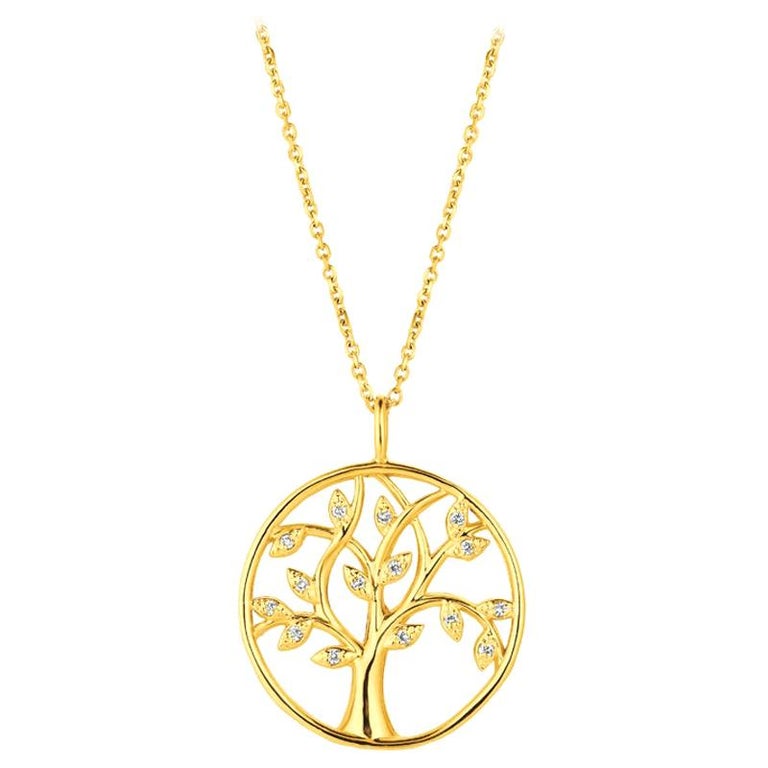 0.11 Carat Natural Diamond Tree Necklace Pendant 14 Karat Yellow Gold G ...
