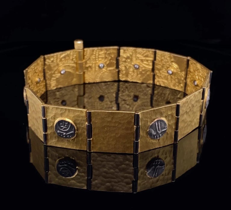 0.14 Carat Diamond 24K Gold and Silver Double Sided Coin Hinge Bracelet ...