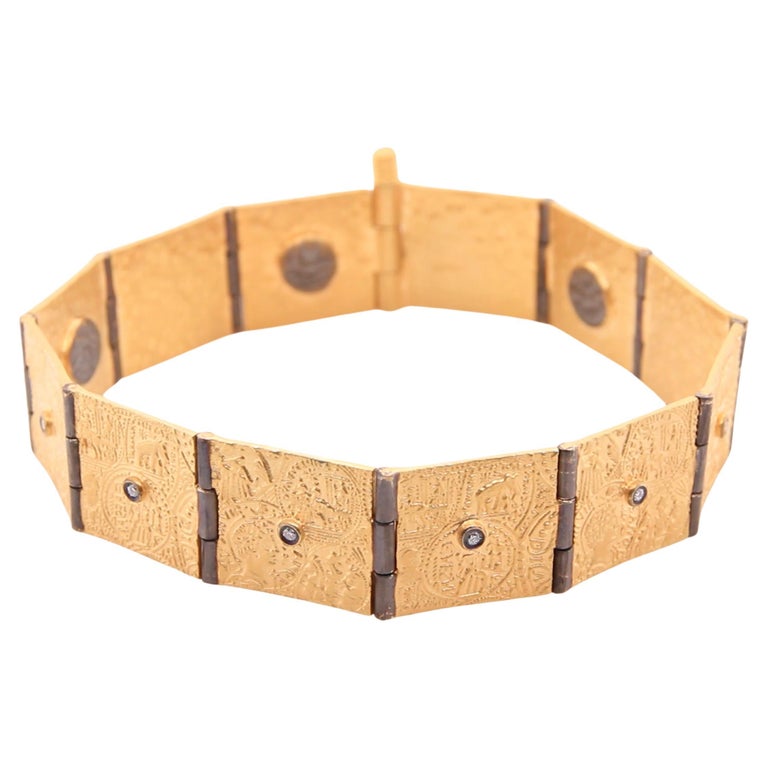 0.14 Carat Diamond 24K Gold and Silver Double Sided Coin Hinge Bracelet ...