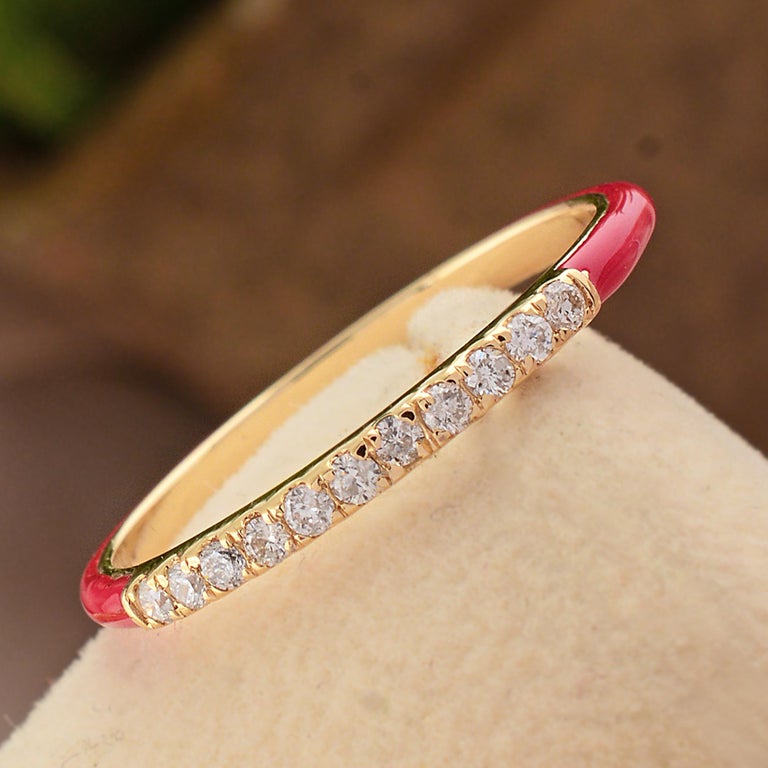 0.14 Carat SI Clarity HI Color Diamond Pave Red Enamel Band Ring 14k ...