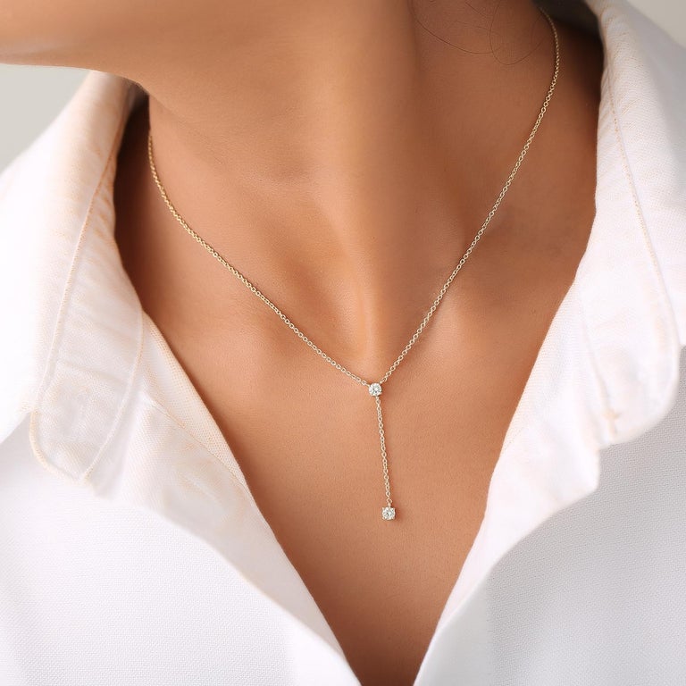 0.22 Ctw. 2 Stone Natural Diamond Lariat Necklace in Solid 14k Yellow ...