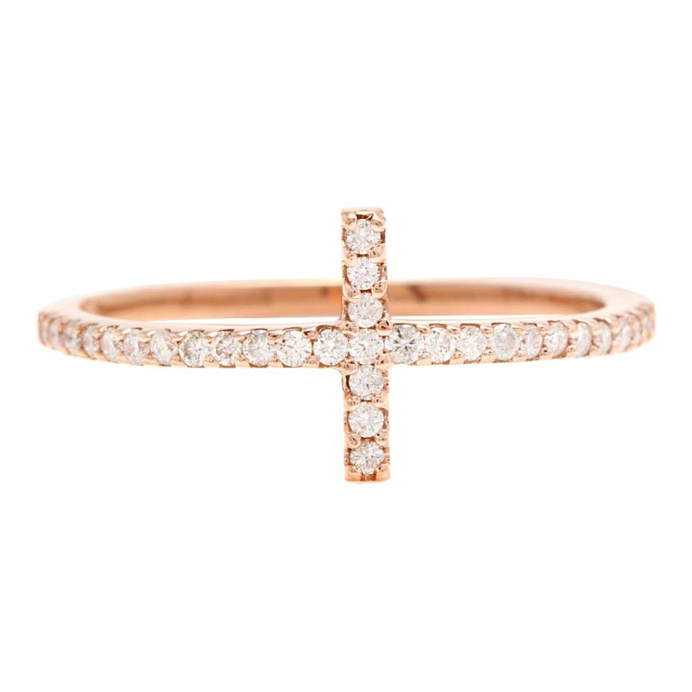 0.25ct Natural Diamond 14k Solid Rose Gold Cross Ring For Sale at 1stDibs