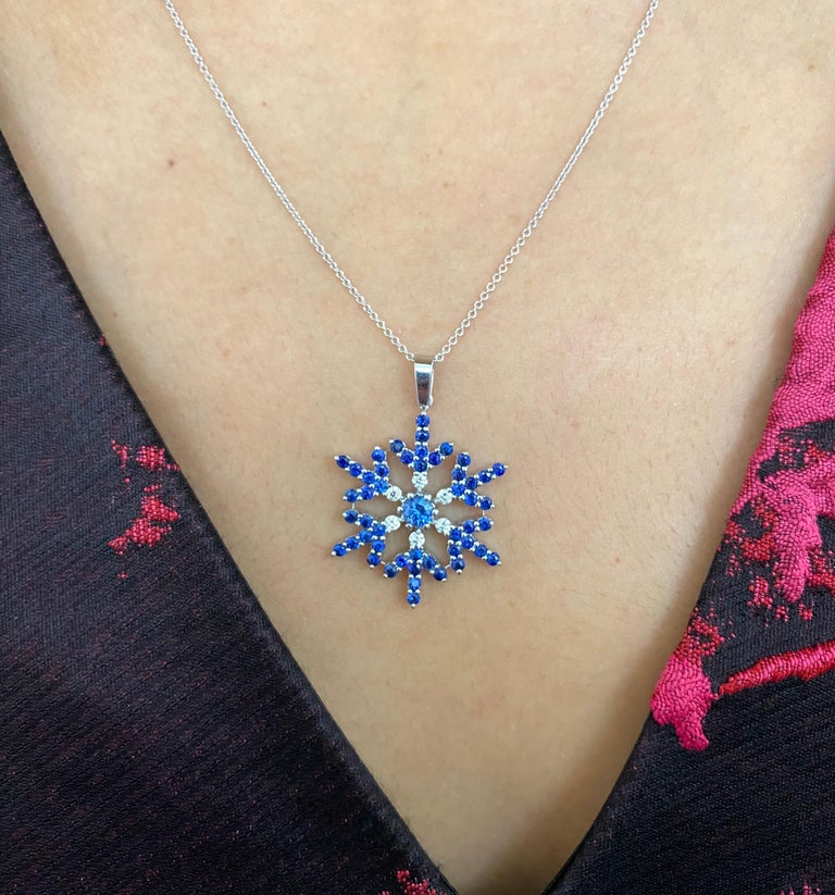 0.29 Carat Round Blue Sapphire White Diamond Snowflake Pendant Necklace ...