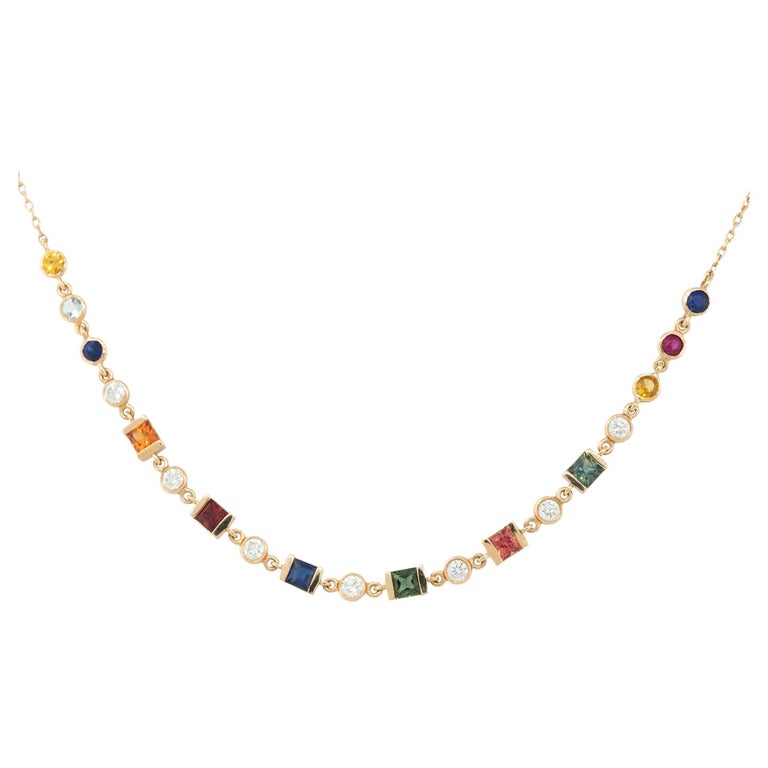 0.36 Carat Diamond and Multicolored Stone Station Necklace 14 Karat in ...