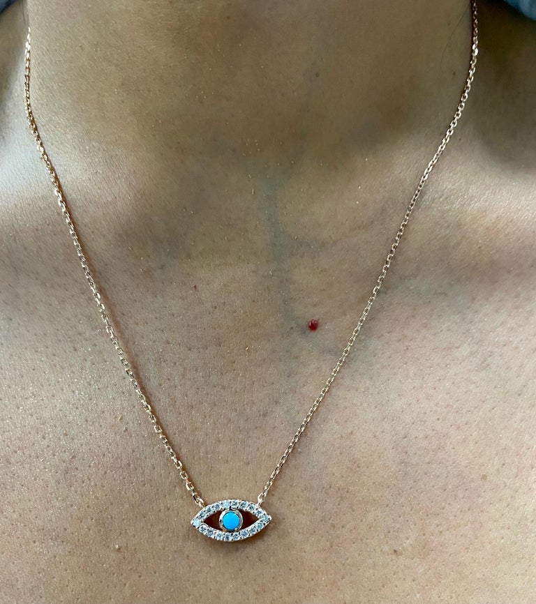 Diamond and Turquoise Rose Gold Evil Eye Chain Pendant For Sale at 1stDibs