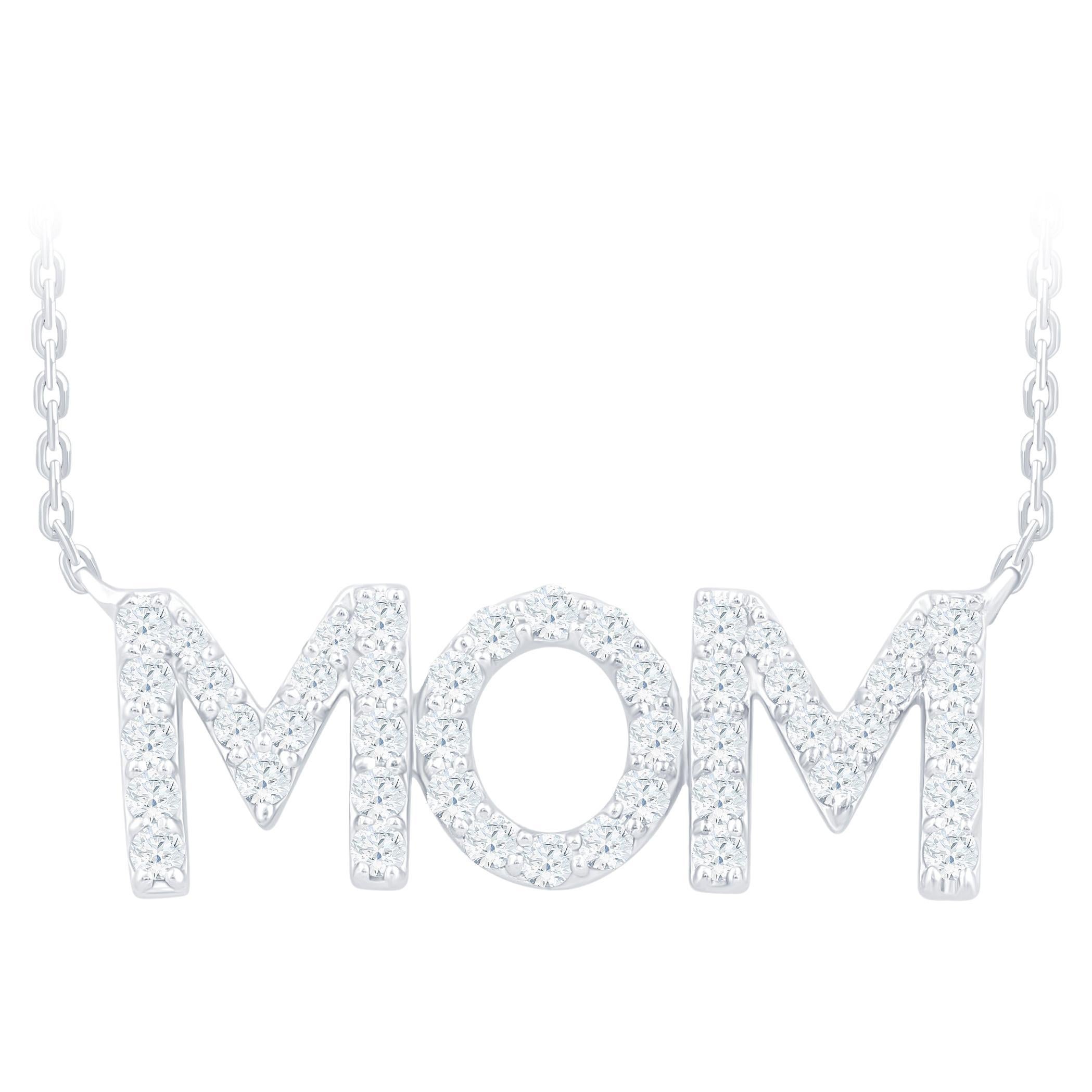 0.45 Ctw. Natural Pave Diamond "Mom" Pendant Necklace in 14k White Gold ...