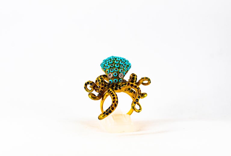 0.48 Carat White Diamond Garnet Turquoise Yellow Gold "Octopus ...