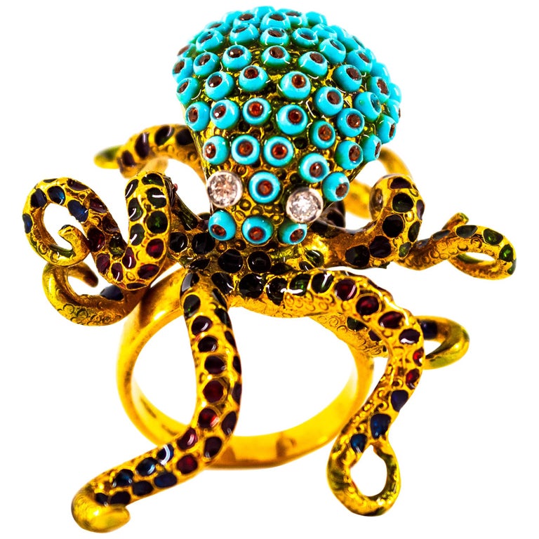 0.48 Carat White Diamond Garnet Turquoise Yellow Gold "Octopus ...