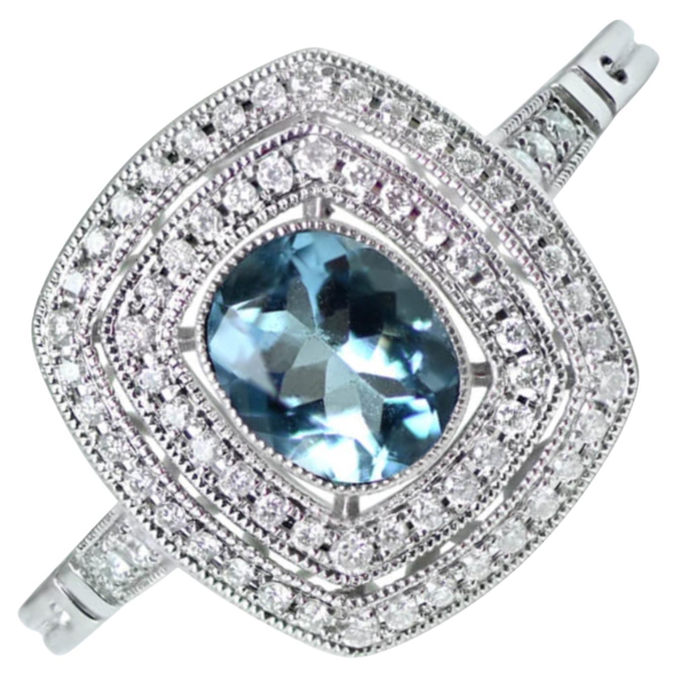 1.13ct Oval Cut Natural Aquamarine Engagement Ring, Double Halo ...