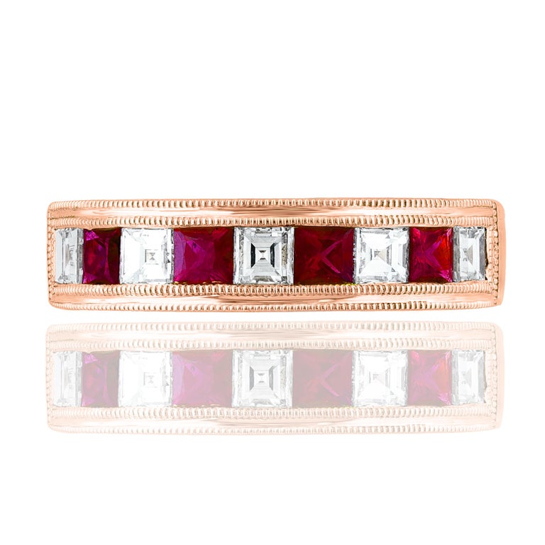 0.57 Carat Princess Cut Ruby and Diamond Band in 18K Rose Gold For Sale ...