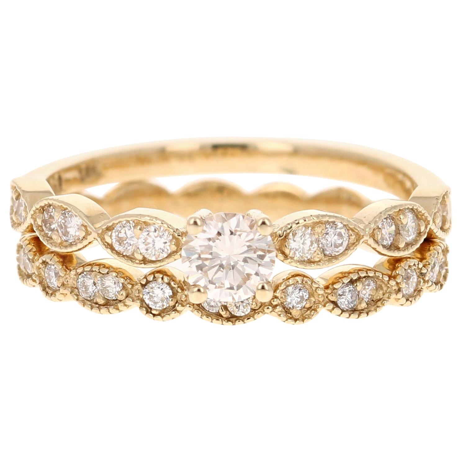 18 Karat Yellow Gold Wedding Ring Set With a Row of 0.47 Carat White ...
