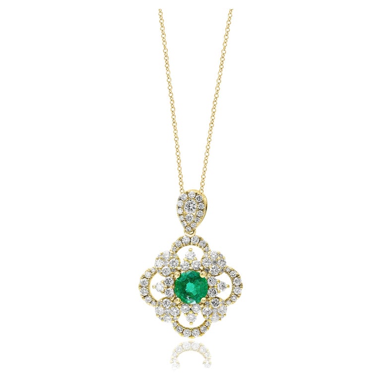 0.67 Carat Round Cut Emerald and Diamond Pendant Necklace in 18K Yellow ...
