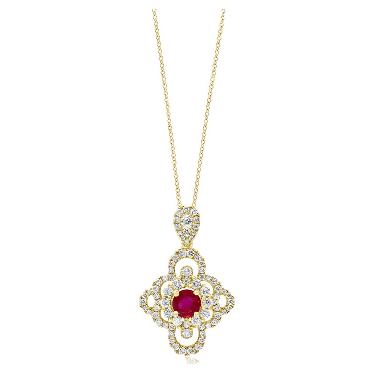 0.67 Carat Round Cut Ruby and Diamond Pendant Necklace in 18K Yellow ...