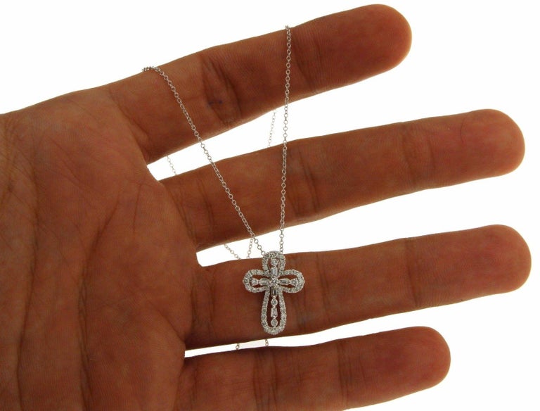 0.70 Carat Diamond 18 Karat Gold Open Cross Pendant 14 Karat Gold Chain ...