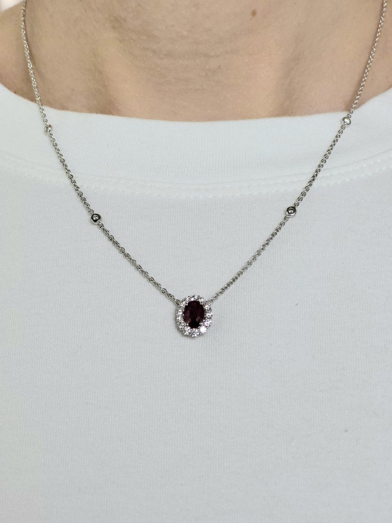 0.71 Carat Oval Cut Natural Ruby and Diamond Pendant Necklace, 18 Karat White Gold For Sale at ...