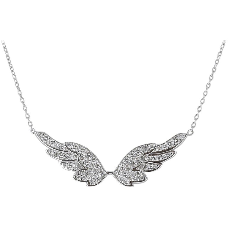 0.74 Carat GVS Round Diamond Angel Wings Chain Necklaces 18 Karat Gold ...