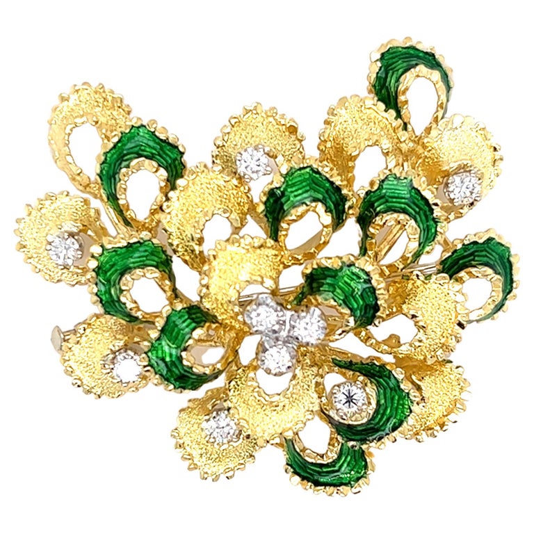 0.75 Carat Diamond Green Enamel Brooch in 18 Karat Gold at 1stDibs