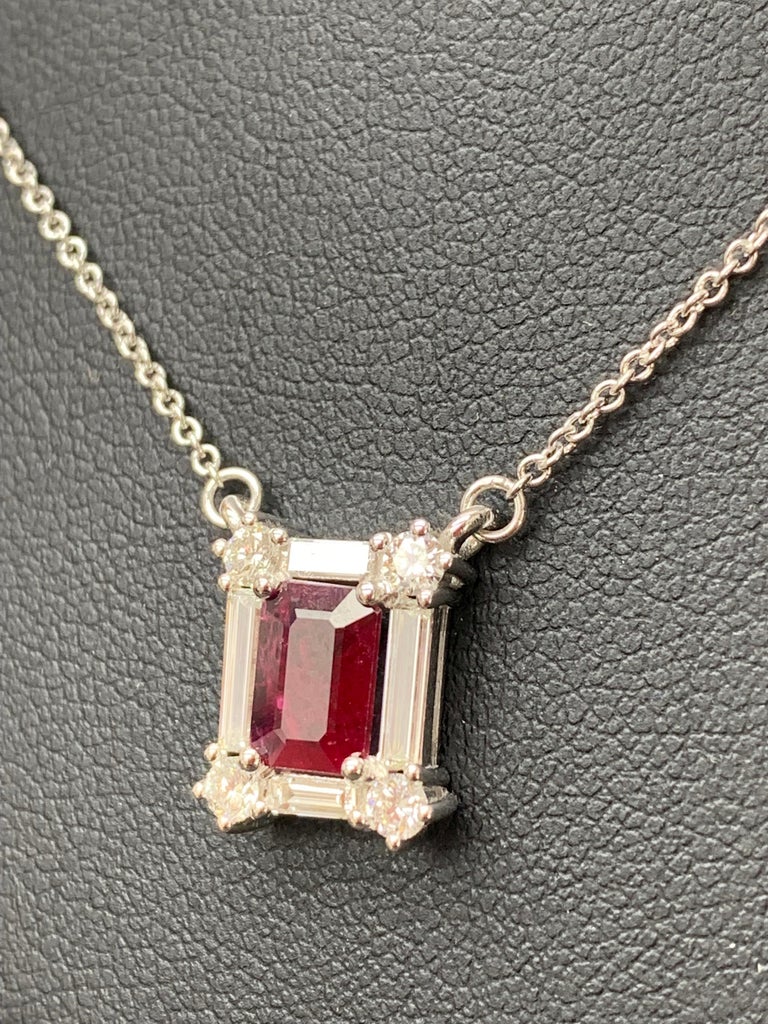 0.79 Carat Emerald Cut Ruby and Diamond Pendant Necklace in 14K White ...