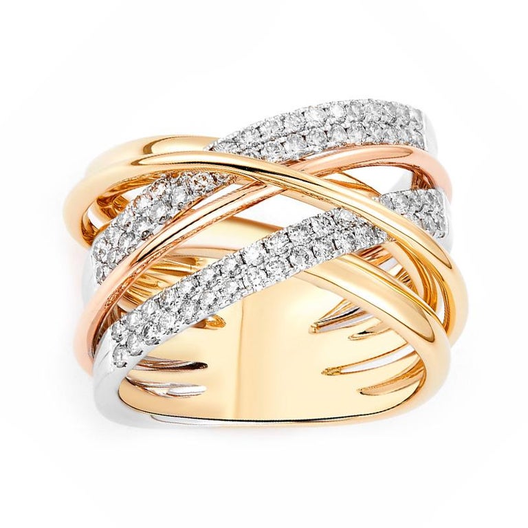 0.79 Ctw, Multi-Strand Diamond Cluster Highway Ring in 3-Tone 14k Gold ...