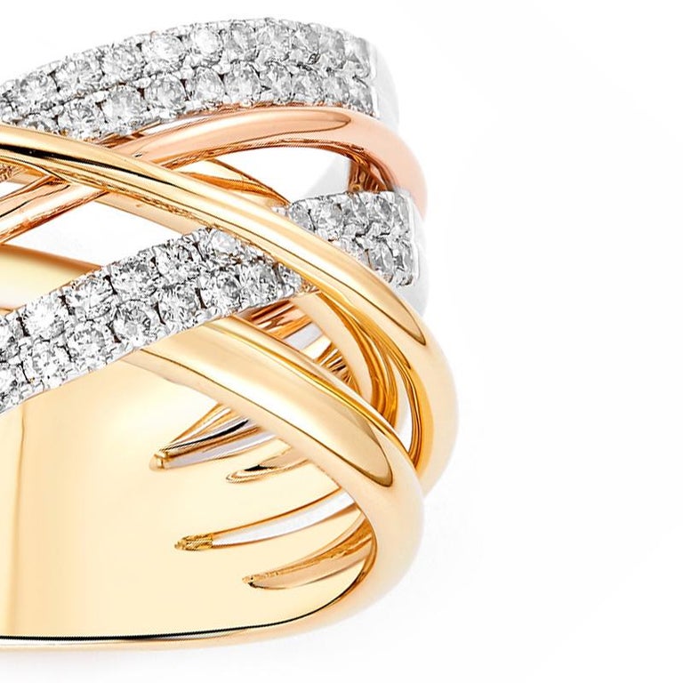 0.79 Ctw, Multi-Strand Diamond Cluster Highway Ring in 3-Tone 14k Gold ...