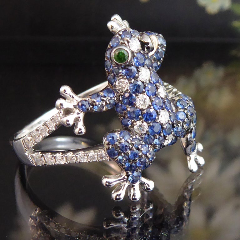 0.80 Carat Blue Sapphire and 0.30 Carat Diamond Frog Ring, White Gold ...
