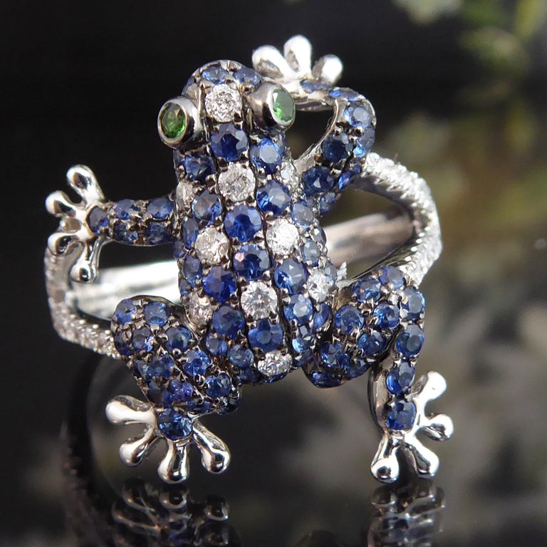 0.80 Carat Blue Sapphire and 0.30 Carat Diamond Frog Ring, White Gold ...