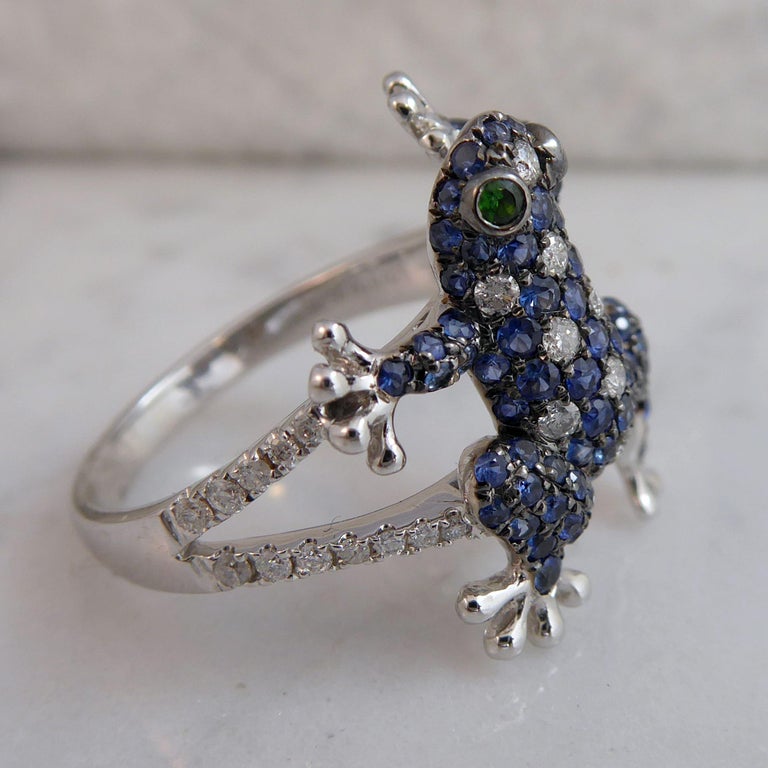 0.80 Carat Blue Sapphire and 0.30 Carat Diamond Frog Ring, White Gold ...
