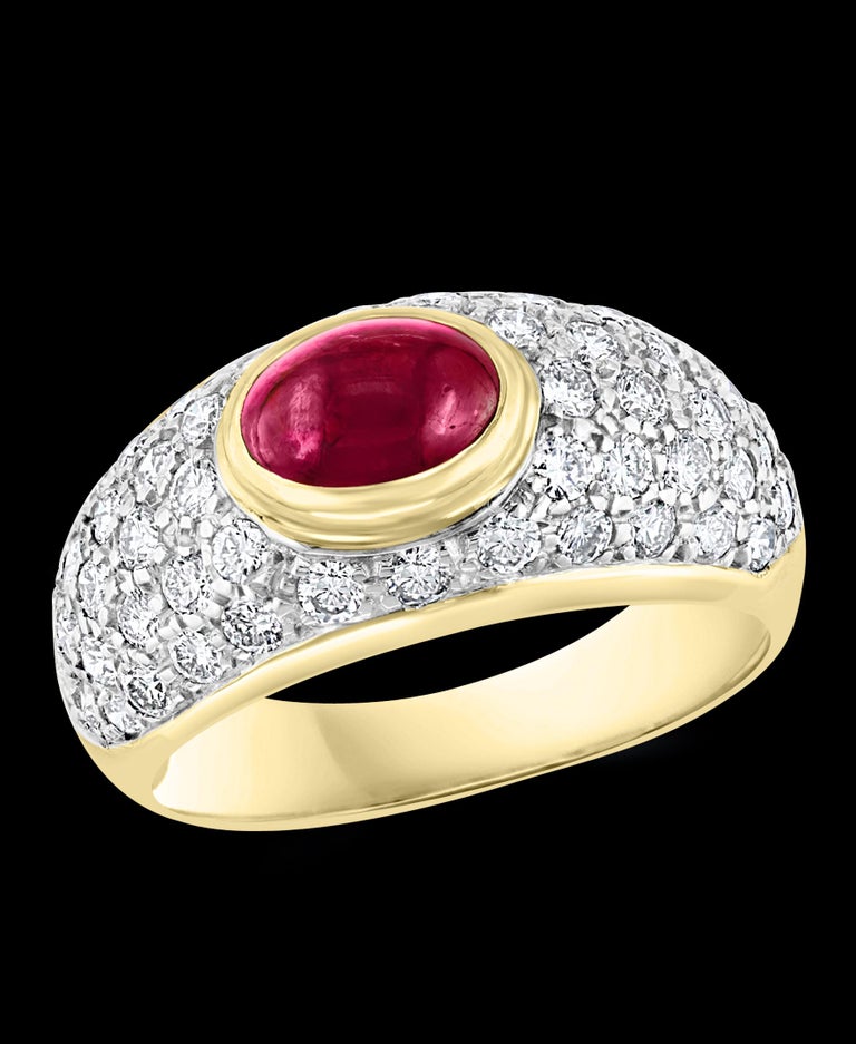 0.80 Carat Natural Thai Ruby Cabochon and Diamond 14 Karat Yellow Gold ...