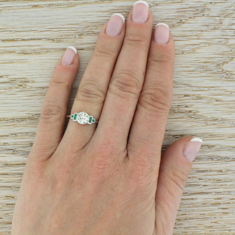 0.80 Carat Old European Cut Diamond and Emerald Platinum Ring at 1stDibs