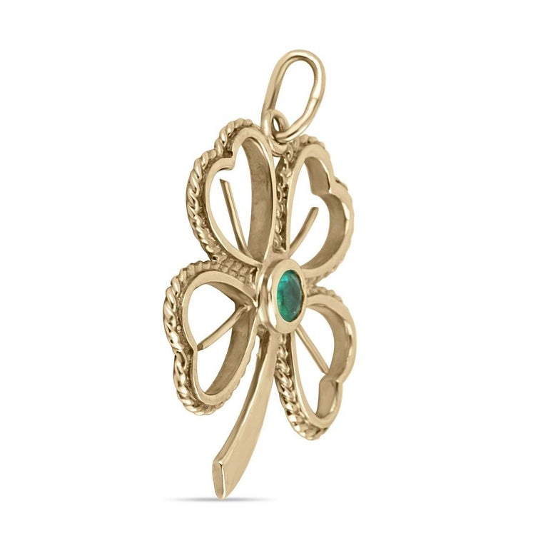 0.85cts 14K Colombian Emerald Round Cut Four Leaf Clover Yellow Gold ...