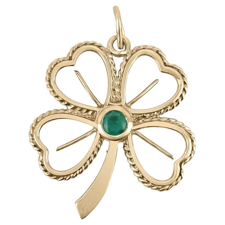 0.85cts 14K Colombian Emerald Round Cut Four Leaf Clover Yellow Gold ...