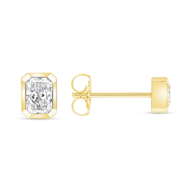 0.90 Tcw Radiant Diamond 18k Yellow Gold Stud Earring Bezel Set ...