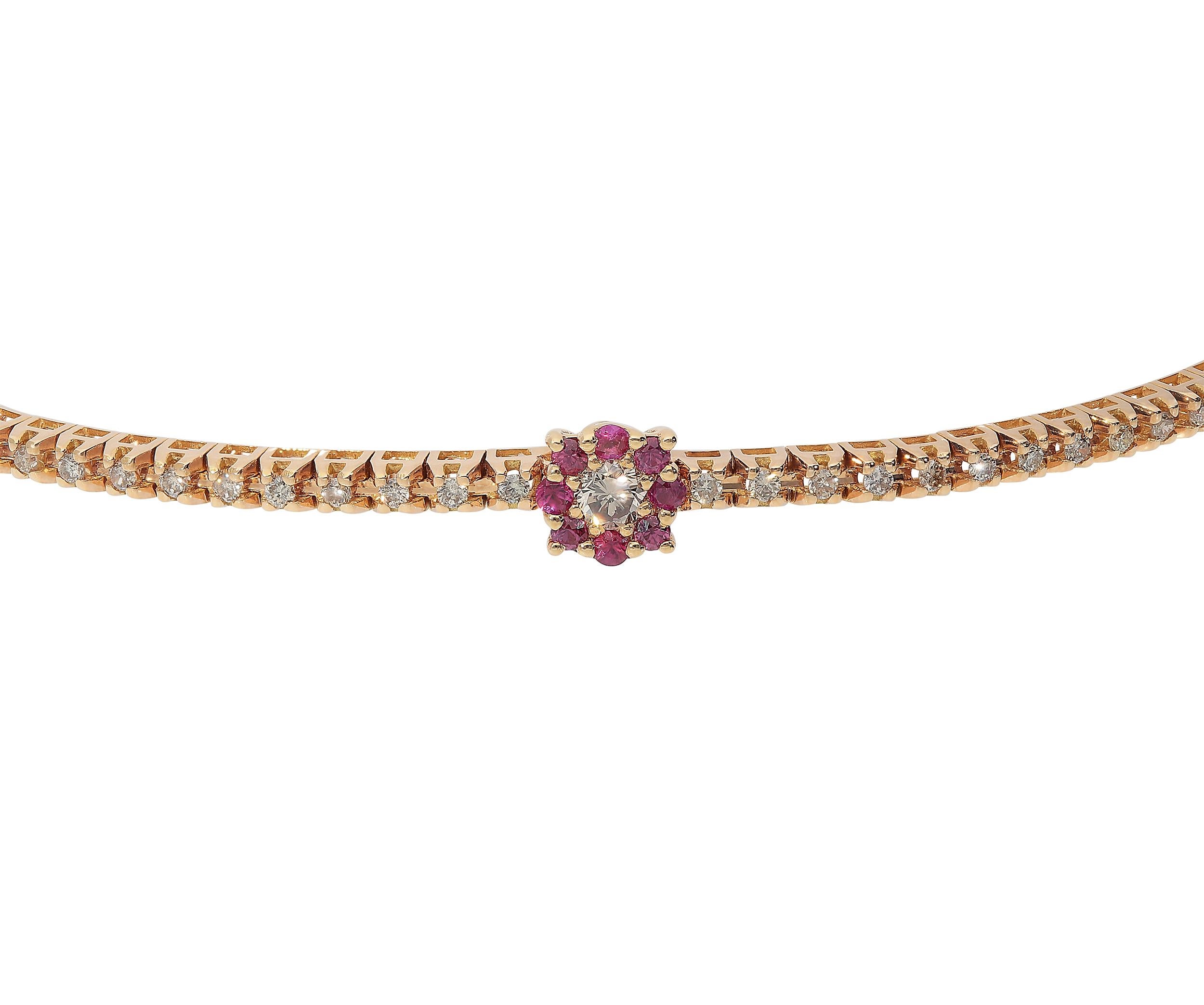 0 91 Brown Diamonds 0 26 Rubies 18 Karat Pink Gold Flower Tennis