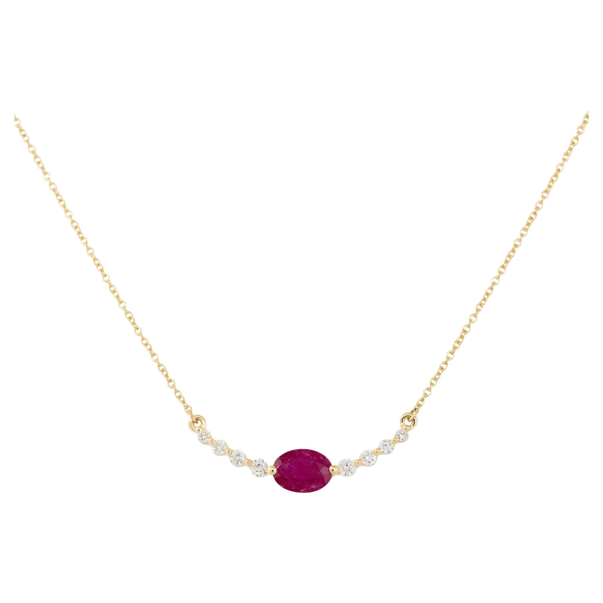 .91 Carat Natural Oval Ruby and Diamonds Necklace 14 Karat For Sale at 1stDibs