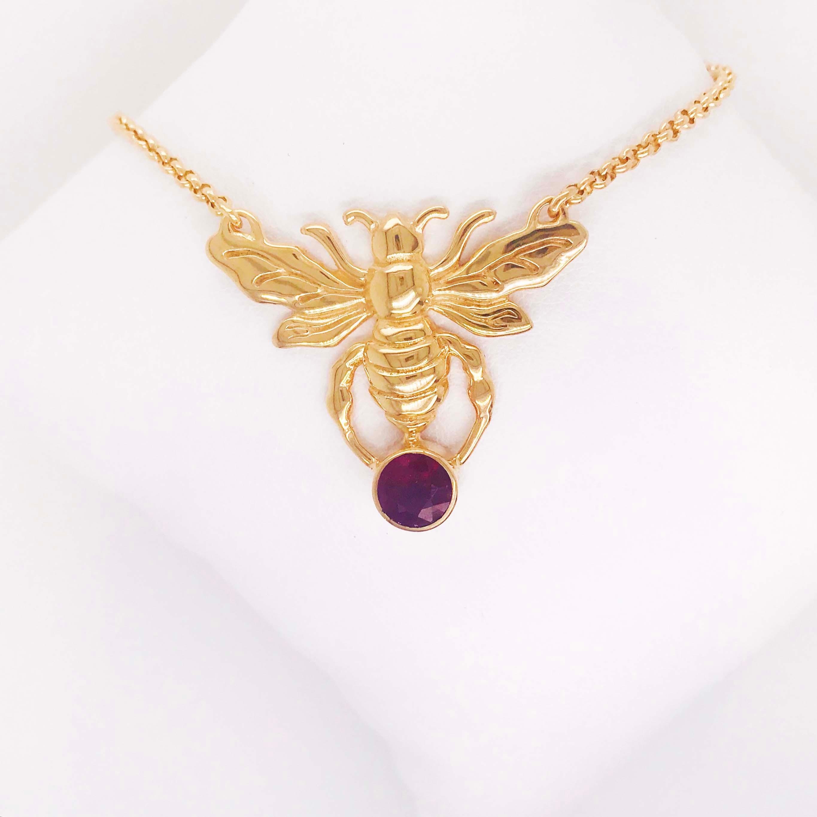 1/2 Carat '0.50 ct' Ruby Gemstone Large Gold Bee Pendant Necklace, Bee ...