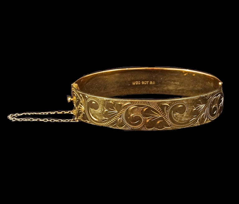 1/20 9ct Rolled Gold Scroll Engraved Bangle Bracelet For Sale at 1stDibs