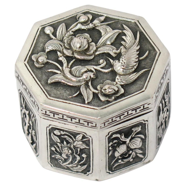 Sterling Silver Antique Vietnamese Roses and Bird Octagonal Box For ...