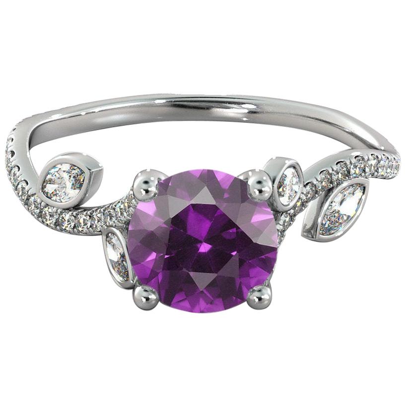 1 Carat 14 Karat White Gold Round Amethyst Vine Style Engagement Ring ...