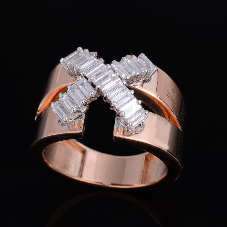 1 Carat Baguette Diamond Cross Design Ring 18 Karat Rose Gold Handmade Jewelry For Sale at 1stDibs