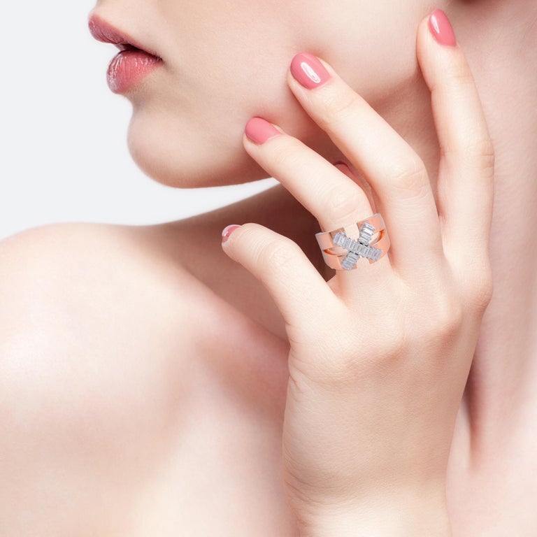 1 Carat Baguette Diamond Cross Design Ring 18 Karat Rose Gold Handmade Jewelry For Sale at 1stDibs
