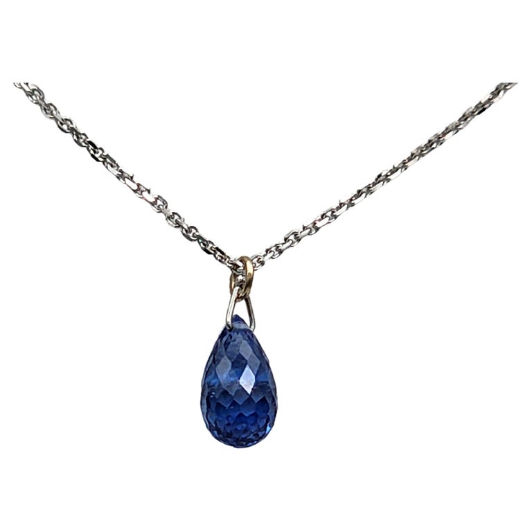 1 Carat Blue Sapphire Briolette Pendant on 14K White Gold Chain For ...