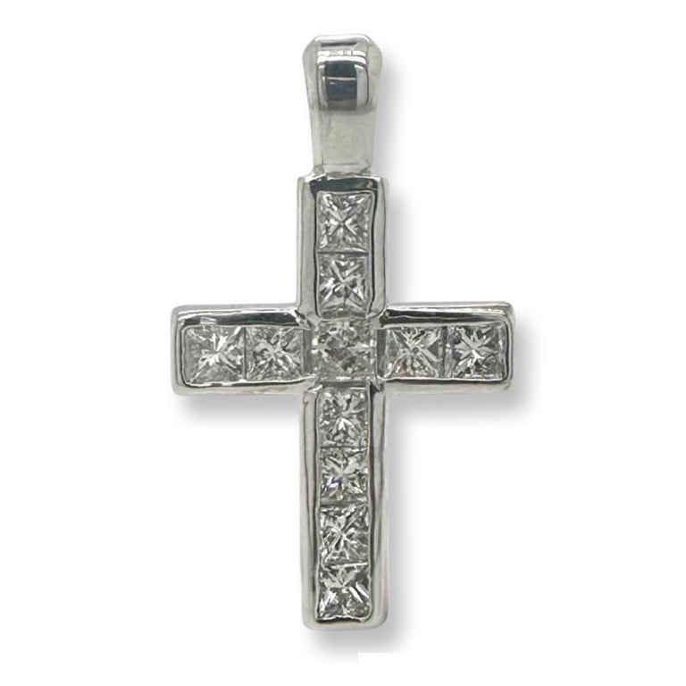 1 Carat Channel Set Princess Cut Diamond Cross Pendant Set In 18K White ...