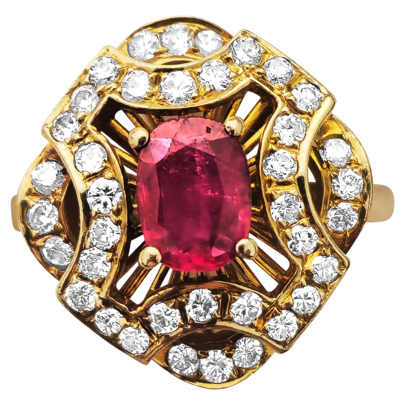 1 Carat Natural Ruby and 1.50ct Diamond Ring in 18K Yellow Gold For ...