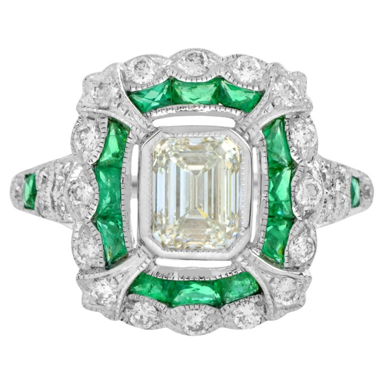 1 Carat Emerald Cut Diamond Emerald Art Deco Style Engagement Ring in ...