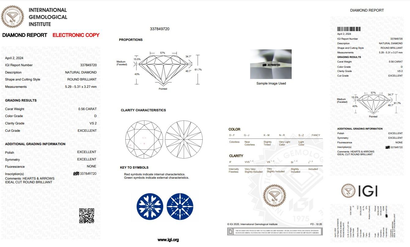 1 Ideal Cut with Hearts and Arrows Cutting Natural Diamond w/0.56 ct ...