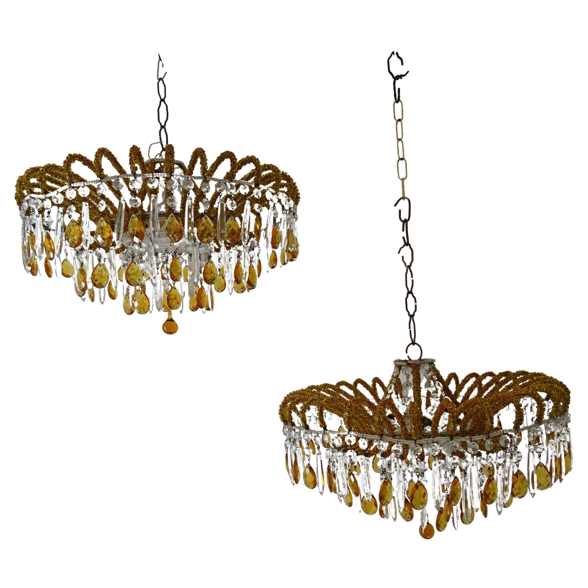 Italian Beaded Amber Crystal Chandelier For Sale at 1stDibs