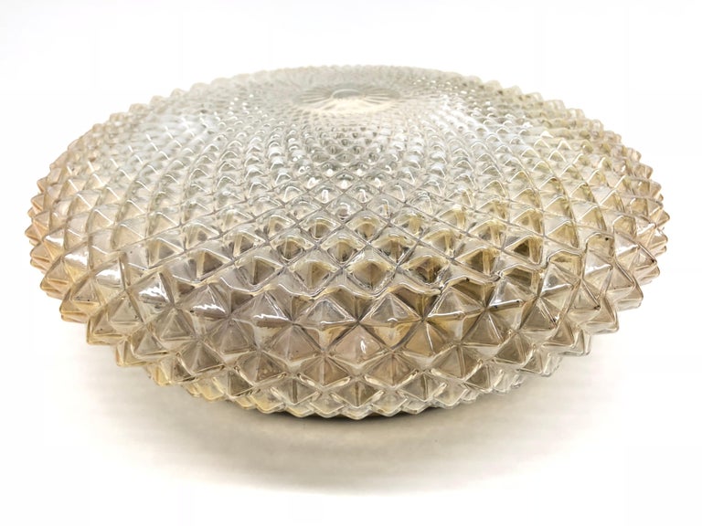 1 of 2 Monumental Crystal Pattern Amber Glass Flush Mount Ceiling Light ...