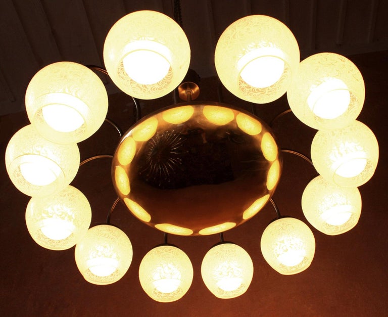 1 of 2 Unique Ballroom Chandelier brass and enameled glass, 1950s For ...